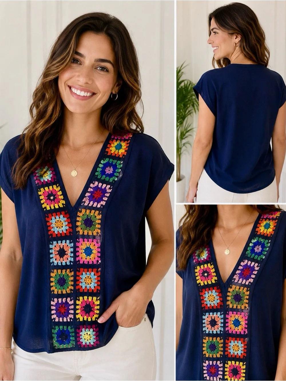 Tops | Womens Navy Vneck Embroidered Crochet Detail Top | Poshmark